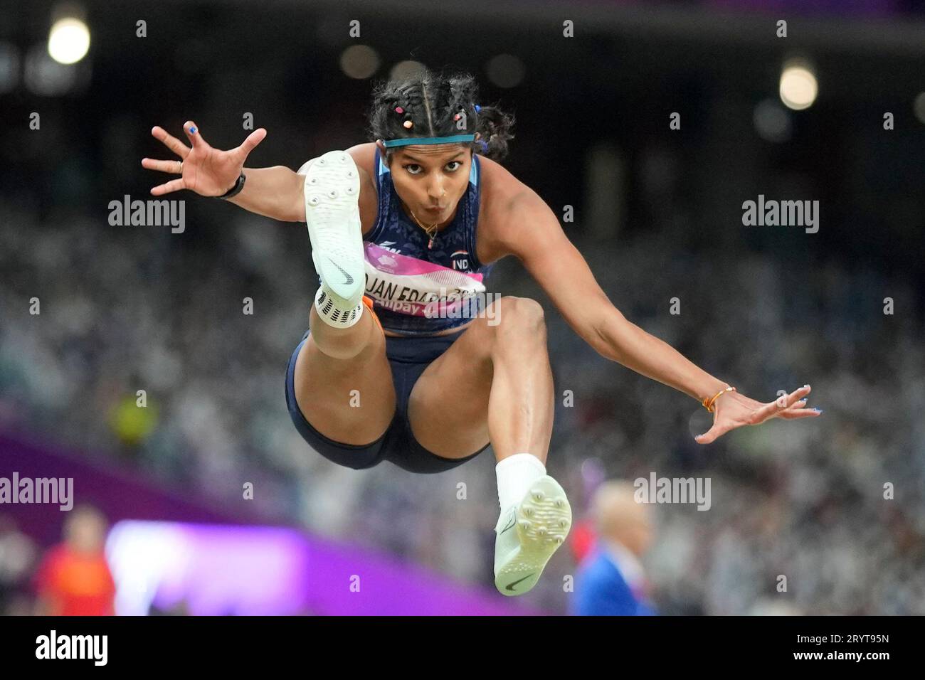 India's Ancy Sojan Edappilly competes during the women's long jump ...