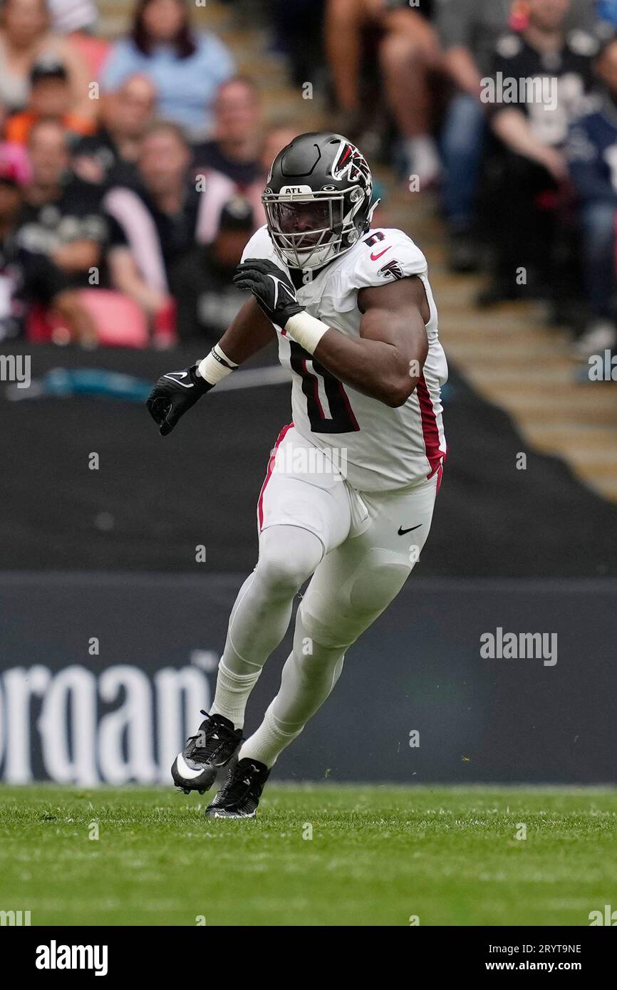 Atlanta Falcons linebacker Lorenzo Carter (0) in action during an NFL football game between the ...