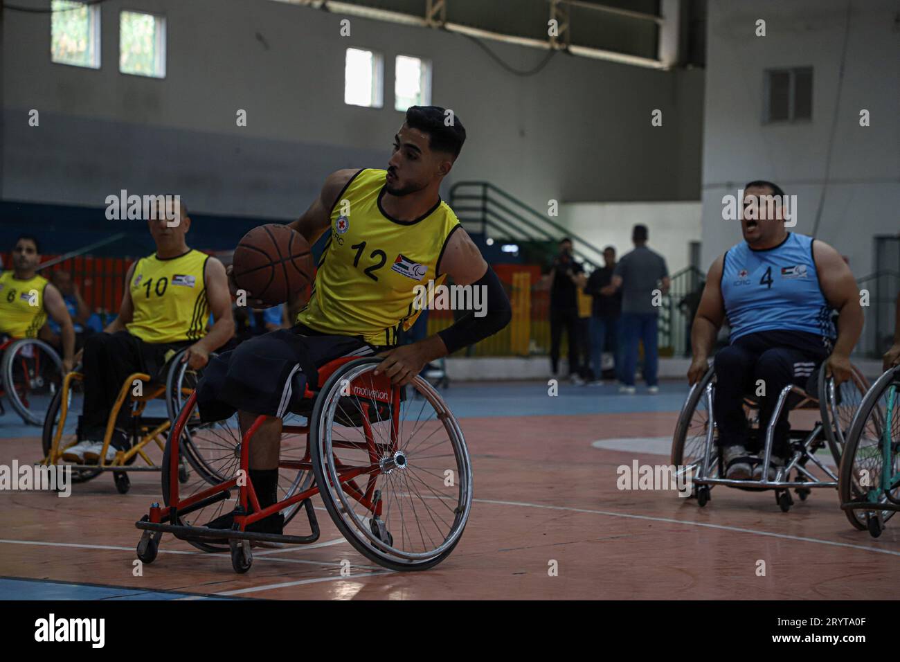 Gaza City. 1st Oct, 2023. Palestinian disabled men compete during a ...