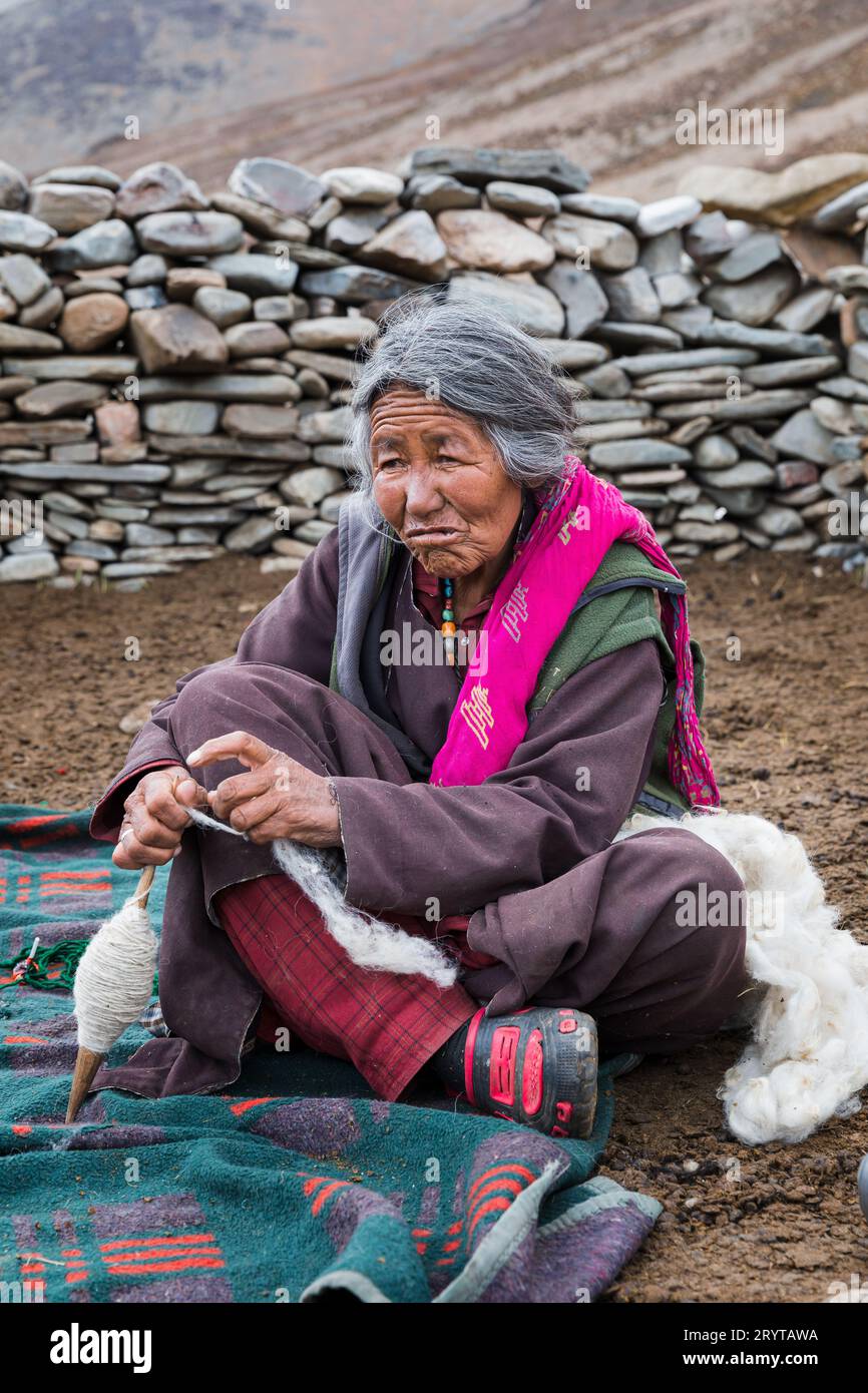 Elderly Changpa nomad spinning wool, Ladakh, India Stock Photo - Alamy