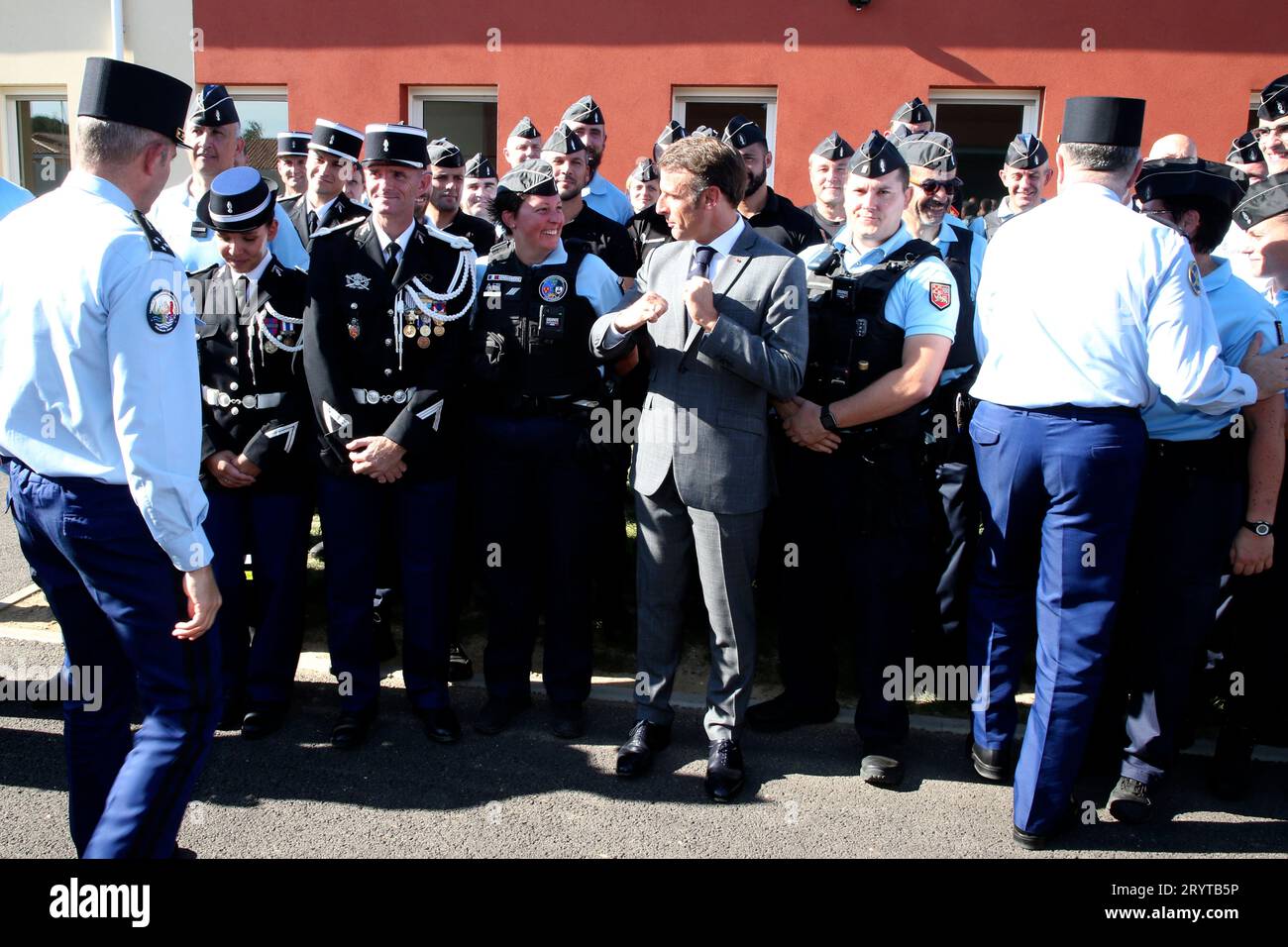 French President Emmanuel Macron poses with gendarmes after ...
