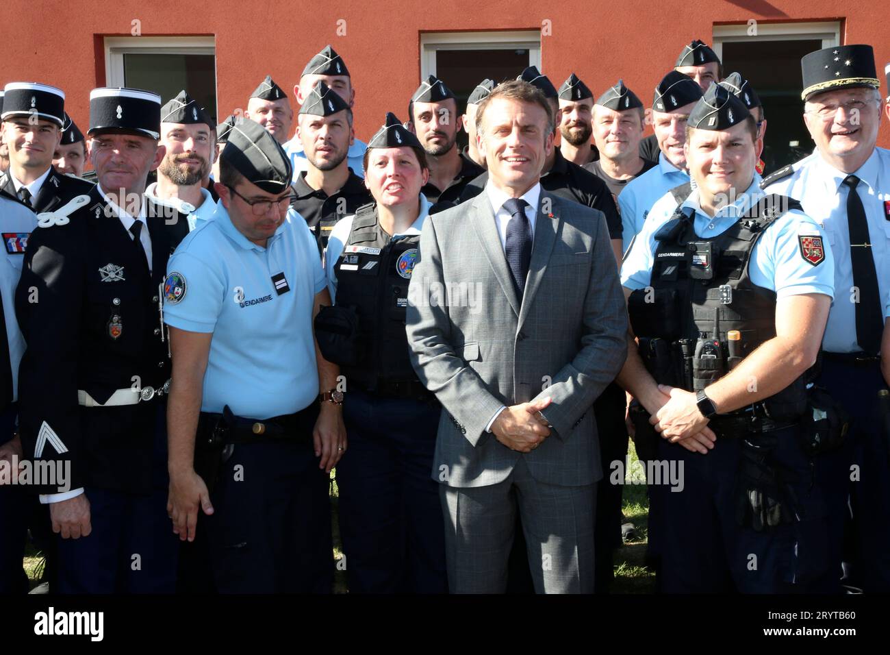 French President Emmanuel Macron poses with gendarmes after ...