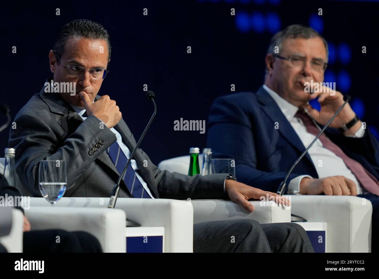 Wael Sawan, Shell CEO, left, and Patrick Pouyanne, Total CEO, take part ...