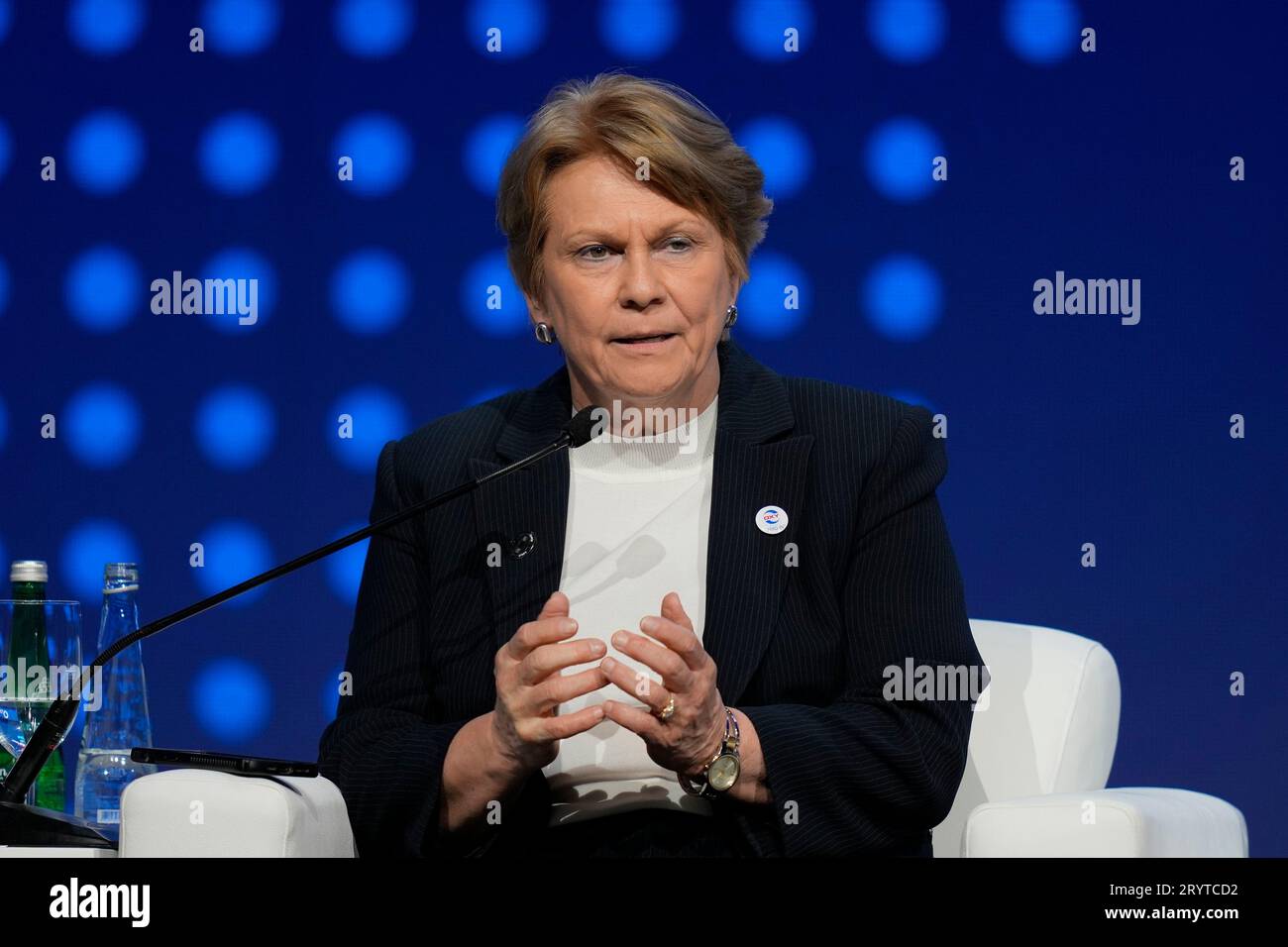 Vicki Hollub, CEO of Occidental Petroleum, talks in a panel during the ...