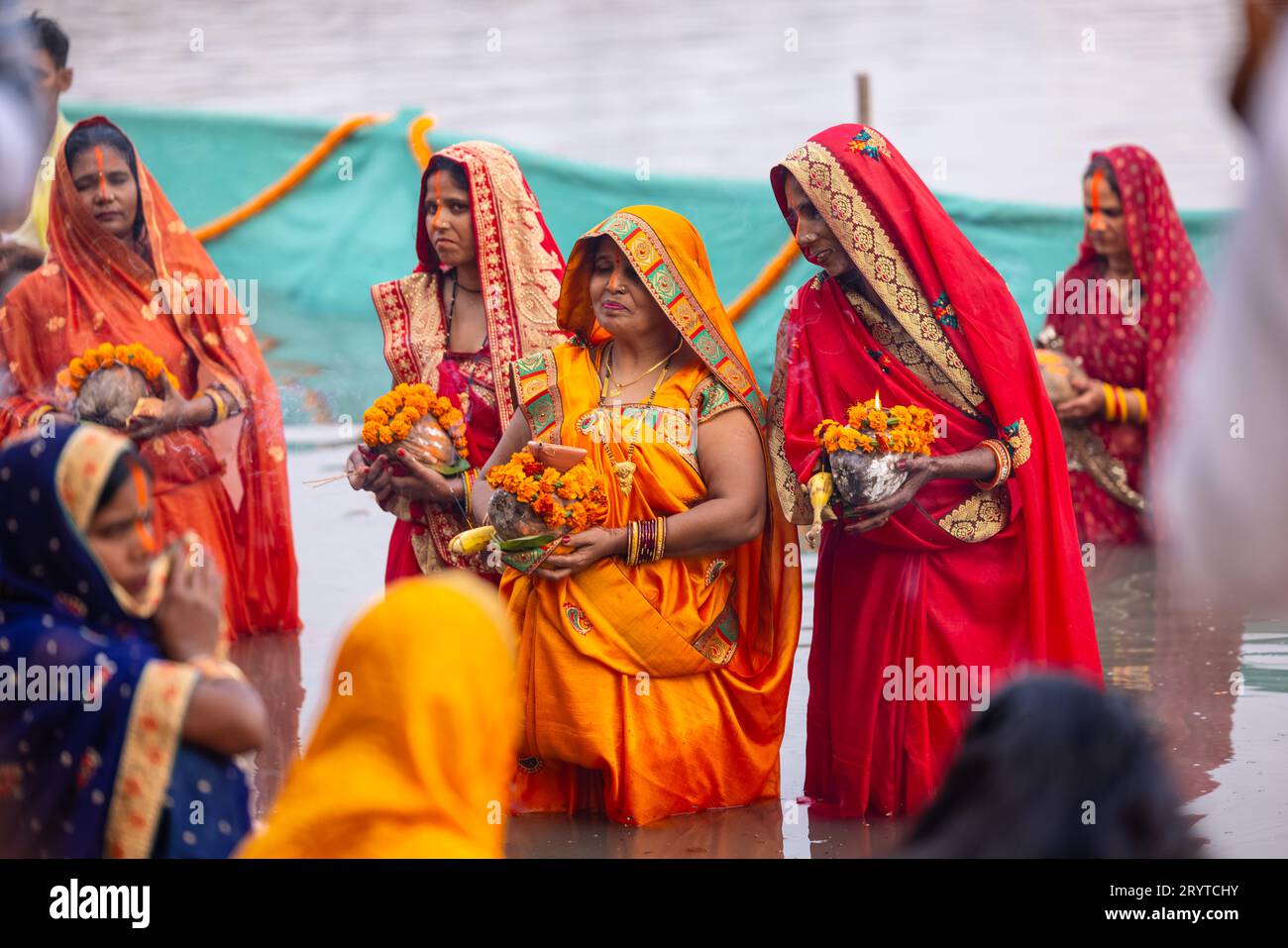 Chhath Puja, Indian hindu female devotee performing rituals of chhath ...