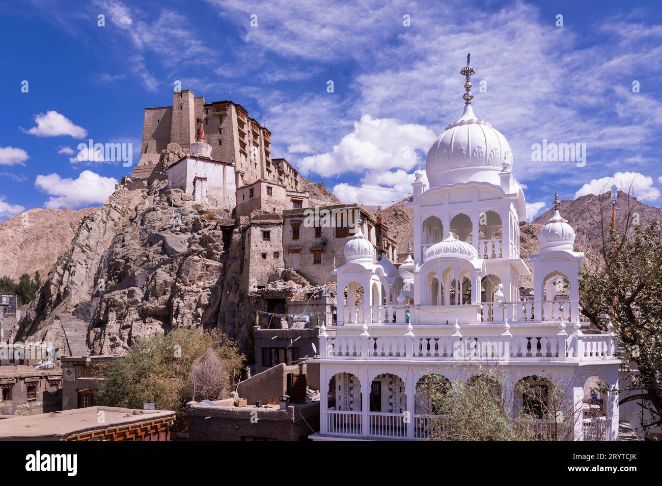 Leh Sikh temple in front of Leh Palace, Leh, Ladakh, India Stock Photo ...