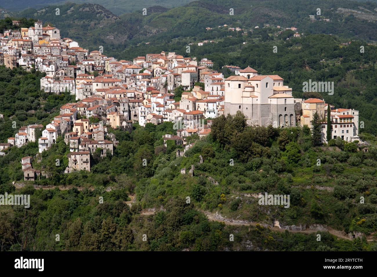 View of the white town of Rivello, Mediterranean mountain village in nature, Campania, Salerno ...