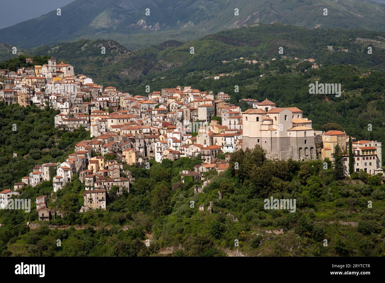 View of the white town of Rivello, Mediterranean mountain village in ...