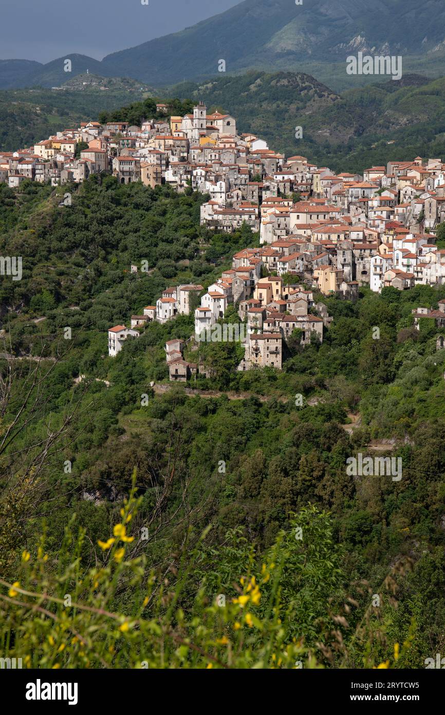 View of the white town of Rivello, Mediterranean mountain village in nature, Campania, Salerno ...