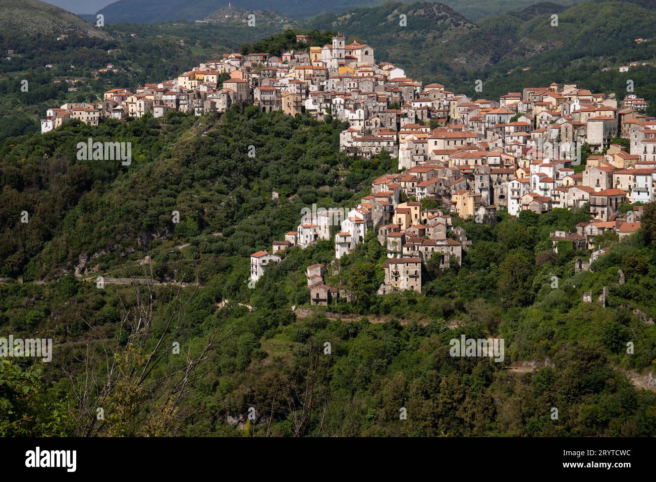 View of the white town of Rivello, Mediterranean mountain village in ...