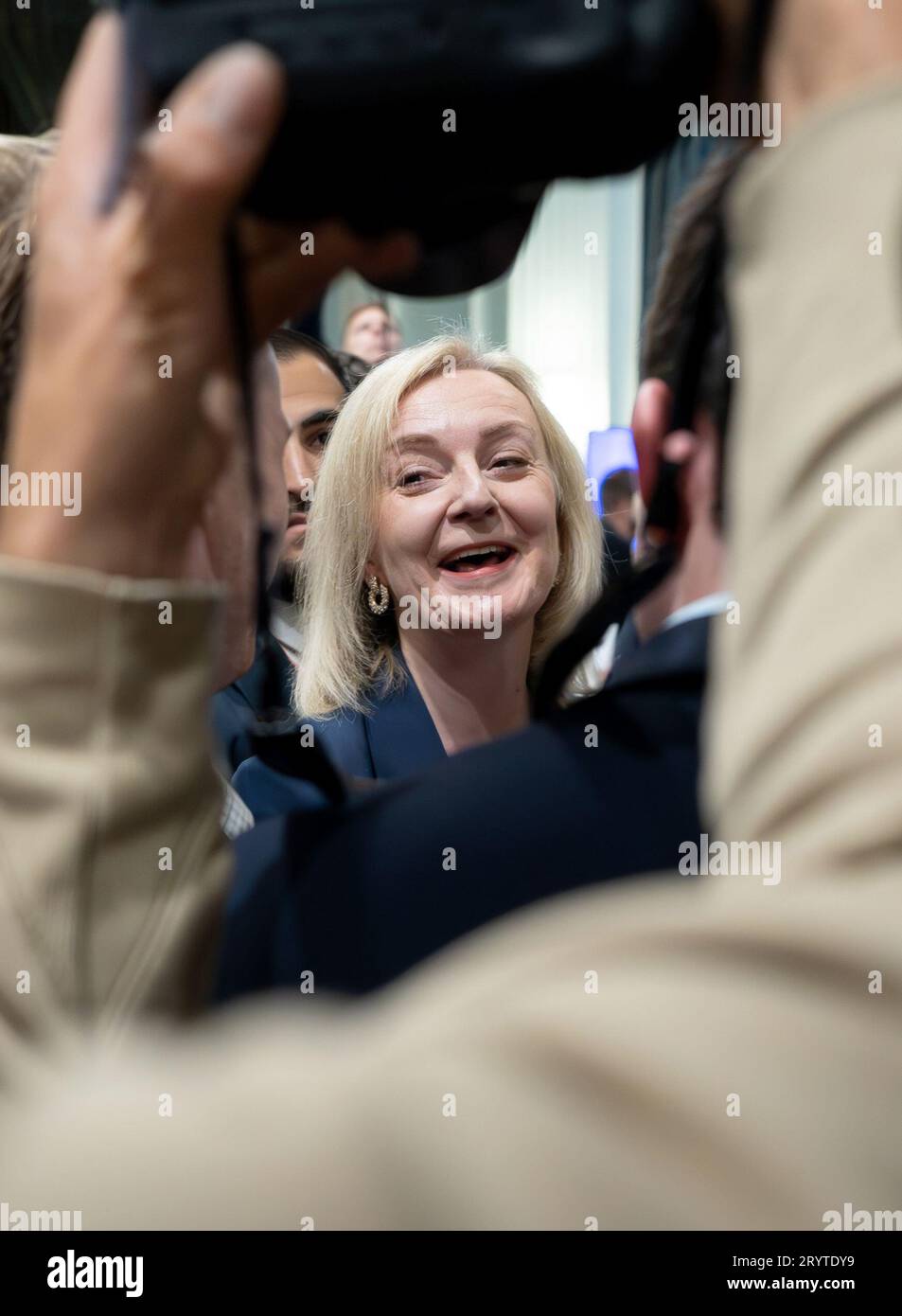 Former prime minister Liz Truss leaves the Great British Growth Rally ...