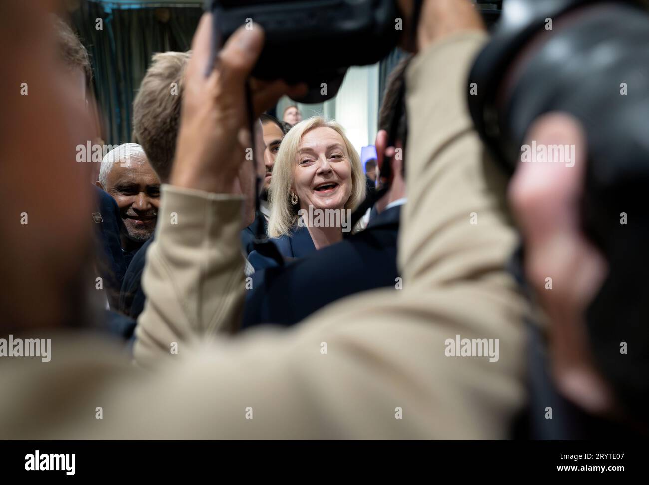 Former prime minister Liz Truss leaves the Great British Growth Rally ...