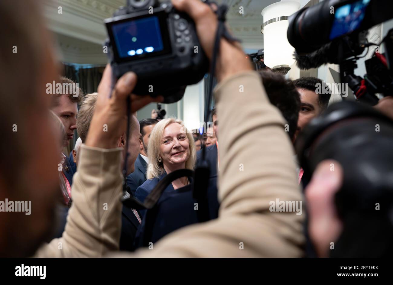 Former prime minister Liz Truss leaves the Great British Growth Rally ...