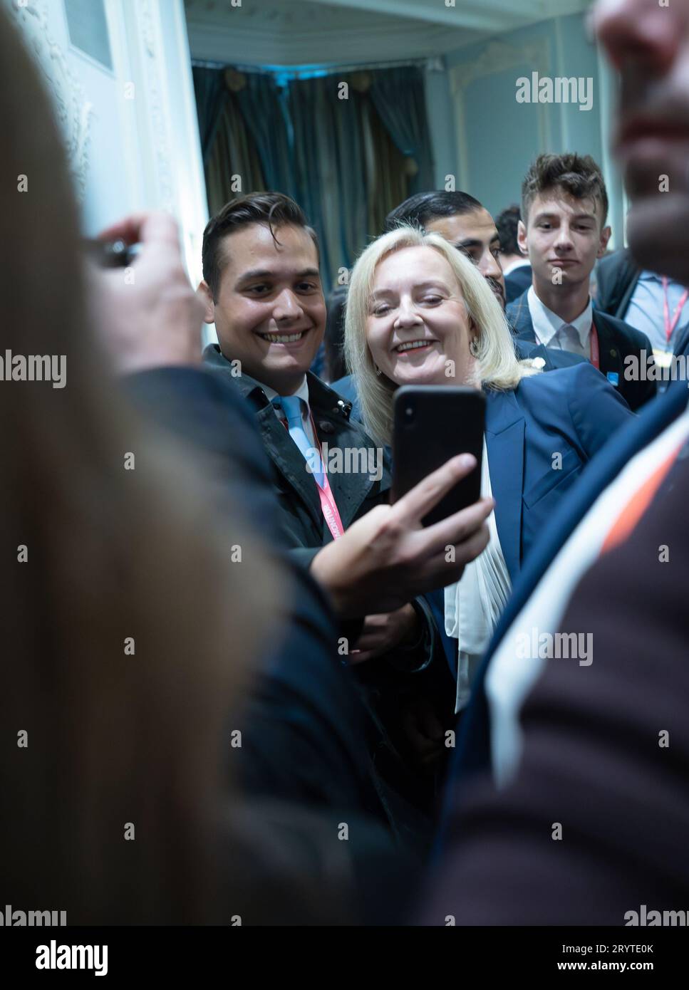 Former prime minister Liz Truss leaves the Great British Growth Rally, a fringe event where she ...