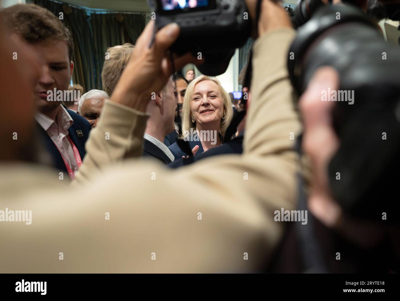 Former prime minister Liz Truss leaves the Great British Growth Rally ...
