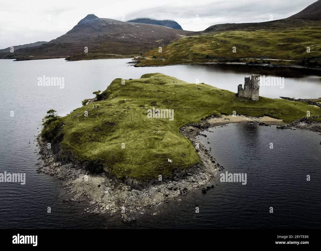 An aerial view of Ardvreck Castle, an iconic landmark in Scotland Stock ...