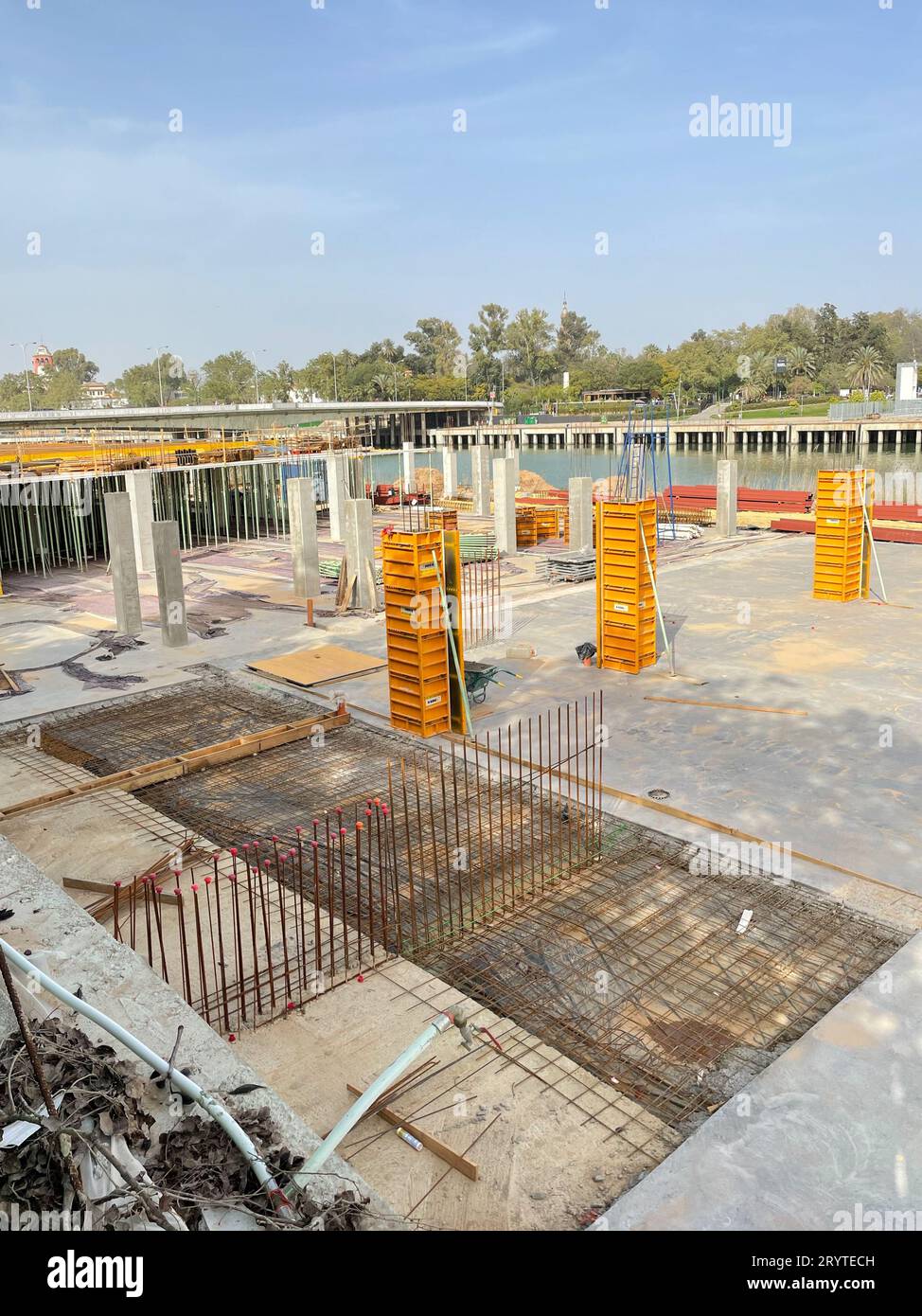 A housing construction project progress, formwork and concrete flooring ...