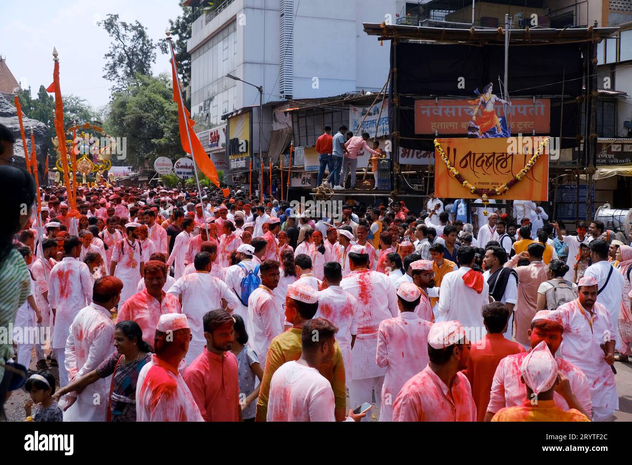Pune, India - September 29, 2023, Ganesh immersion procession, Dhol ...