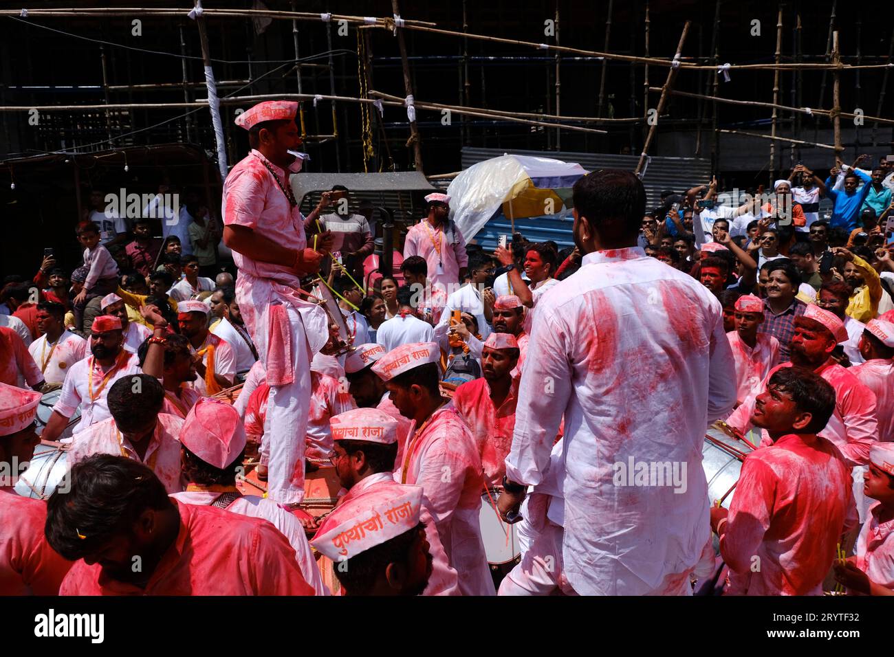 Pune, India - September 29, 2023, Ganesh immersion procession, Dhol ...