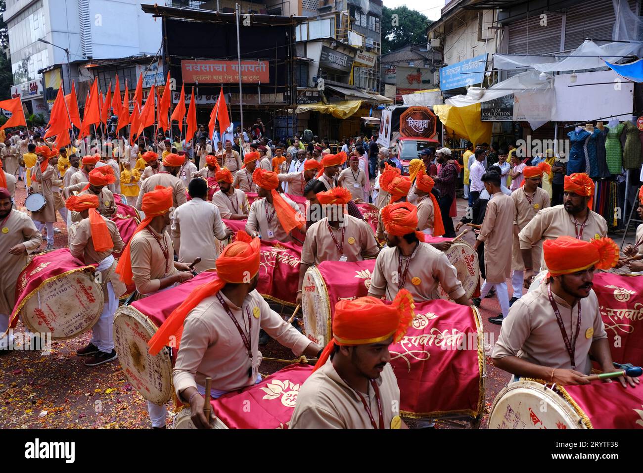 Pune, India - September 29, 2023, Ganesh immersion procession, Dhol ...