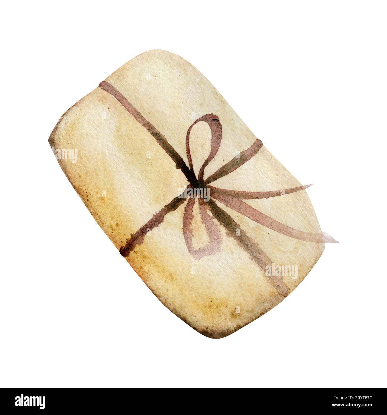 Hand drawn watercolor illustration. Craft paper wrapped gift present ...