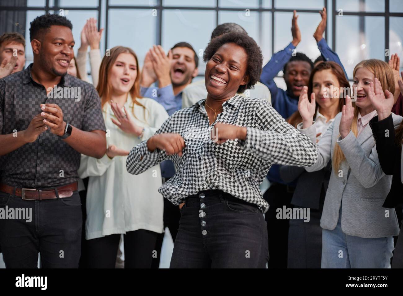 Business team celebrating a triumph with arms up Stock Photo - Alamy