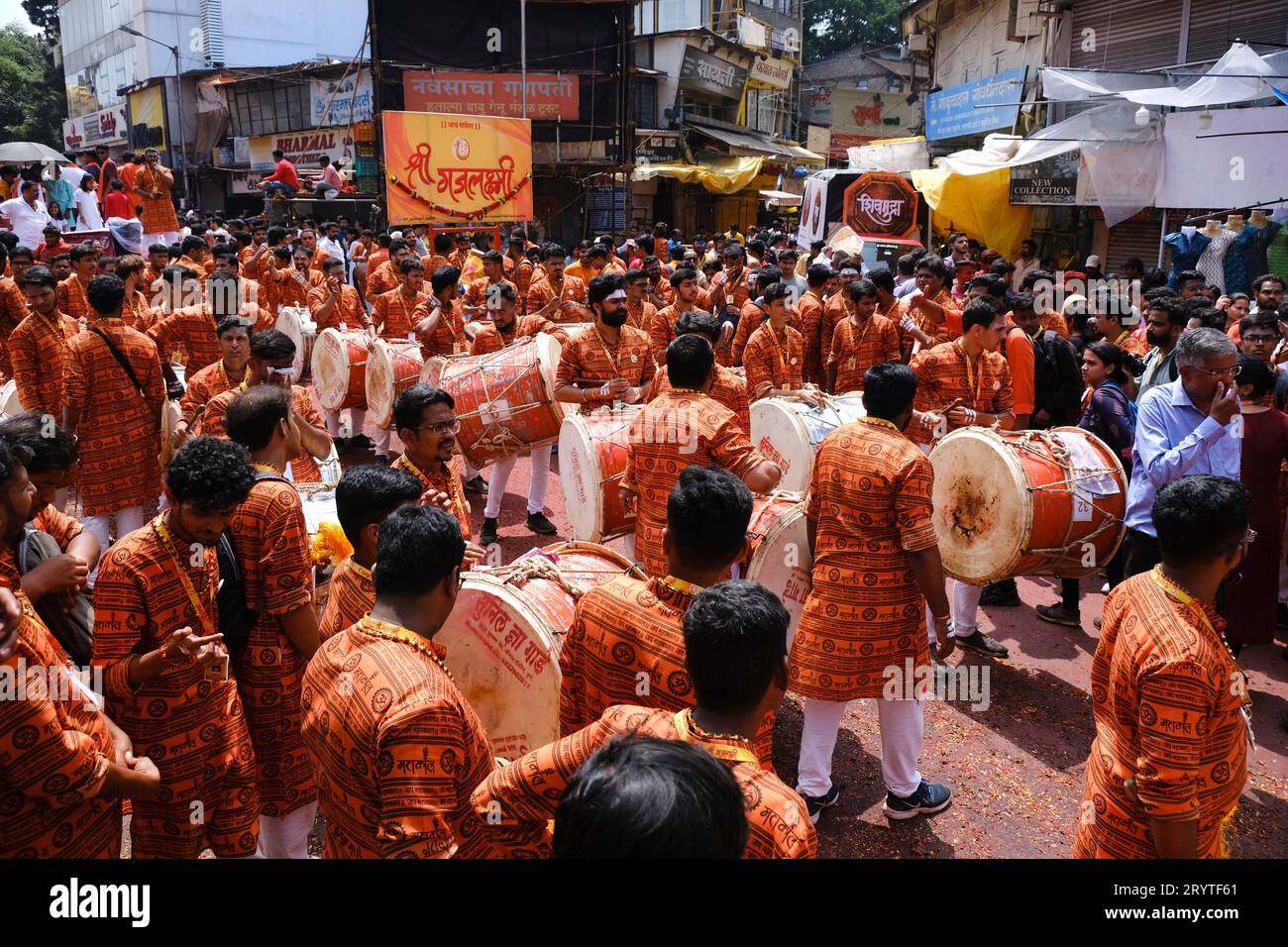 Pune, India - September 29, 2023, Ganesh immersion procession, Dhol ...