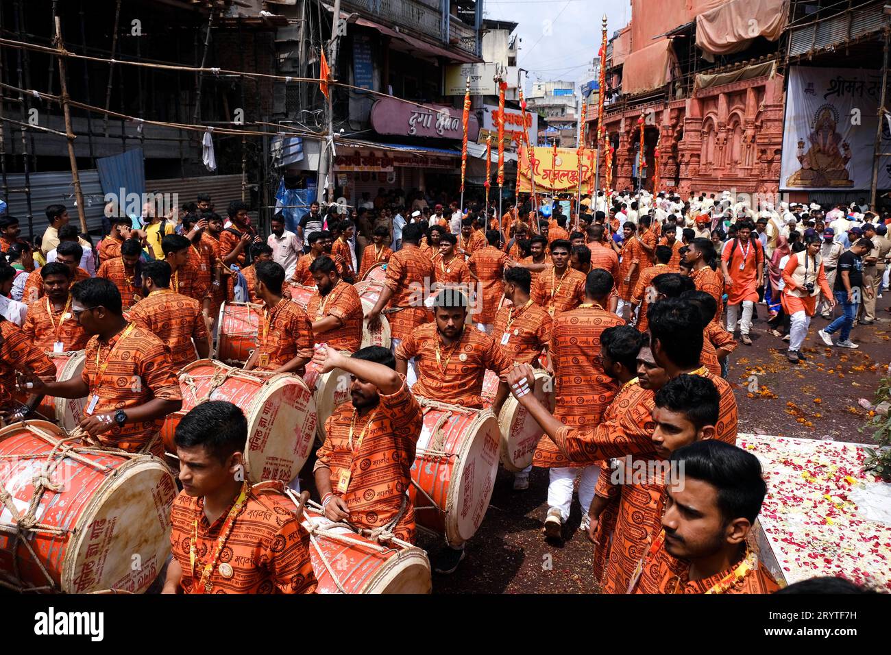 Pune, India - September 29, 2023, Ganesh immersion procession, Dhol ...