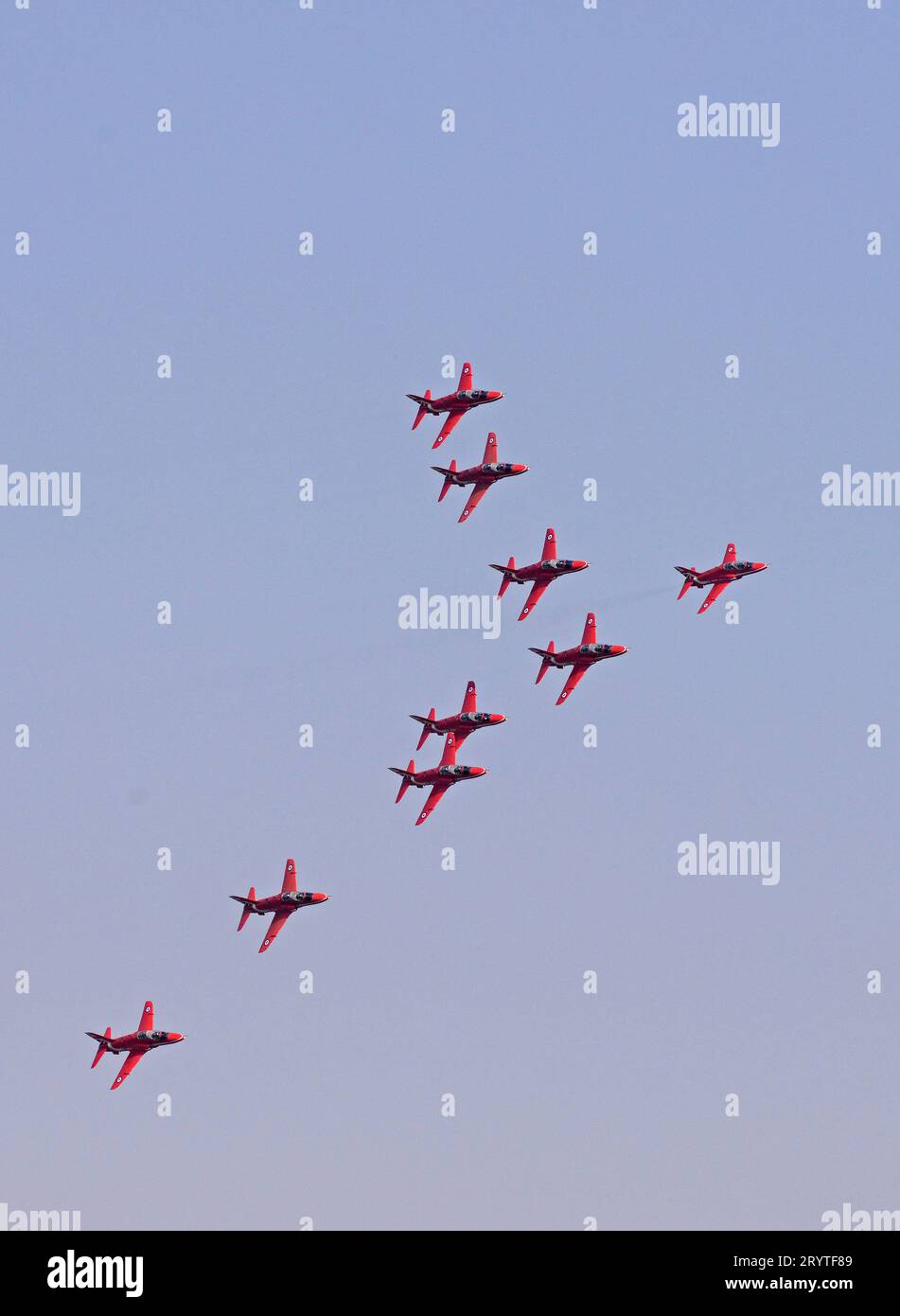 The RED ARROWS flying over Liverpool John Lennon Airport in formation ...