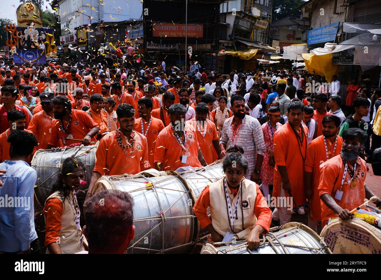 Pune, India - September 29, 2023, Ganesh immersion procession, Dhol ...