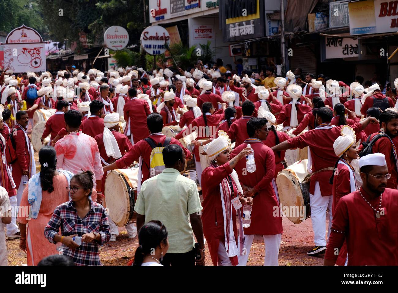 Pune, India - September 29, 2023, Ganesh immersion procession, Dhol ...
