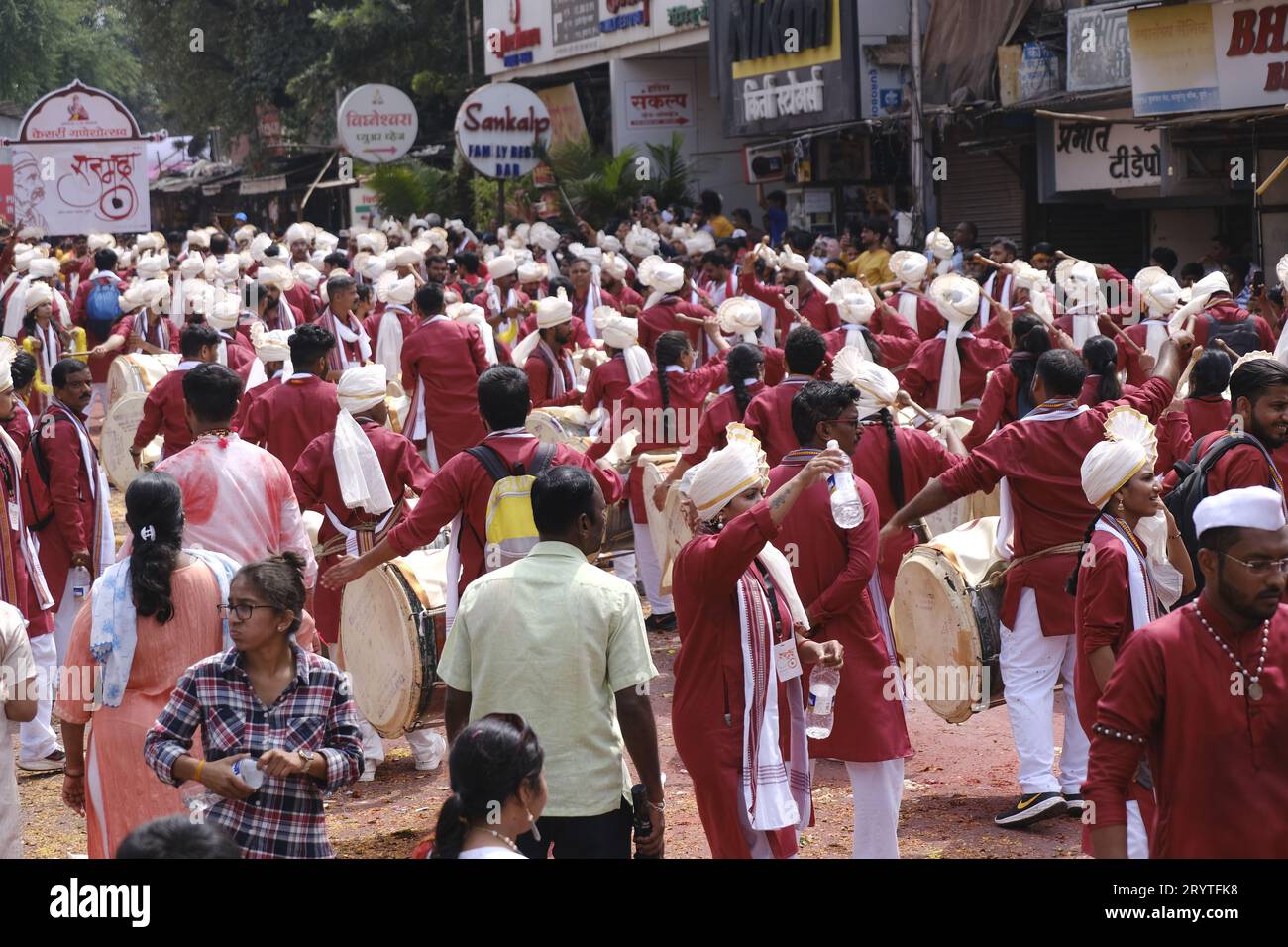 Pune, India - September 29, 2023, Ganesh immersion procession, Dhol ...