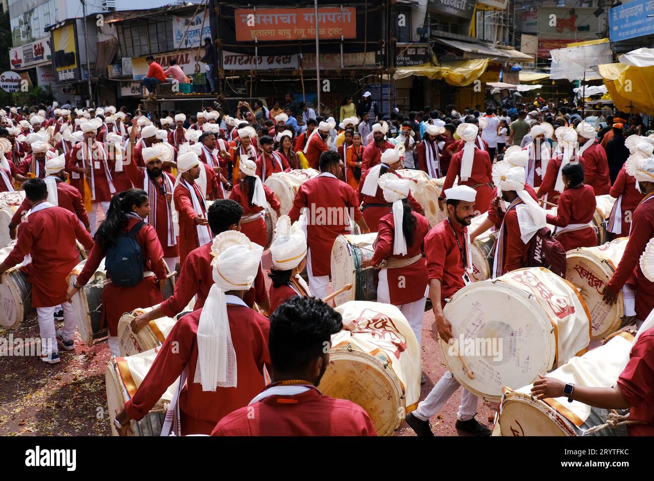 Pune, India - September 29, 2023, Ganesh immersion procession, Dhol ...