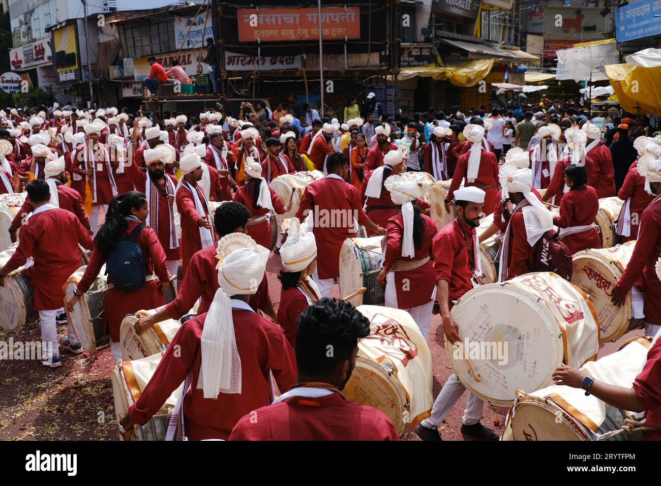 Pune, India - September 29, 2023, Ganesh immersion procession, Dhol ...