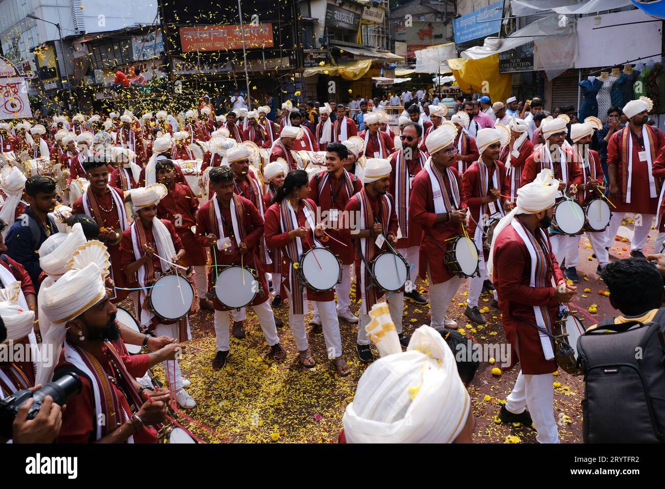 Pune, India - September 29, 2023, Ganesh immersion procession, Dhol ...