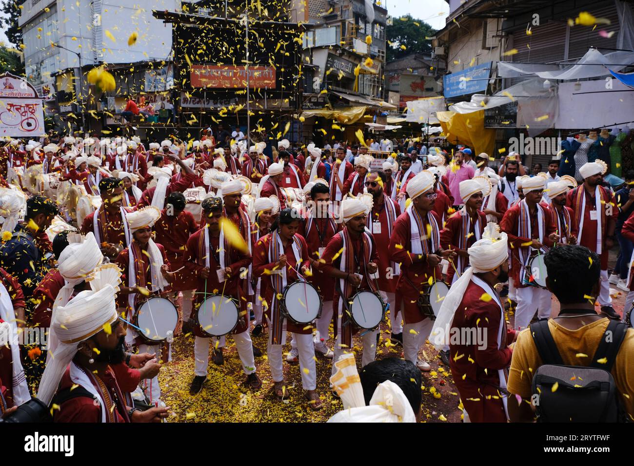 Pune, India - September 29, 2023, Ganesh immersion procession, Dhol ...