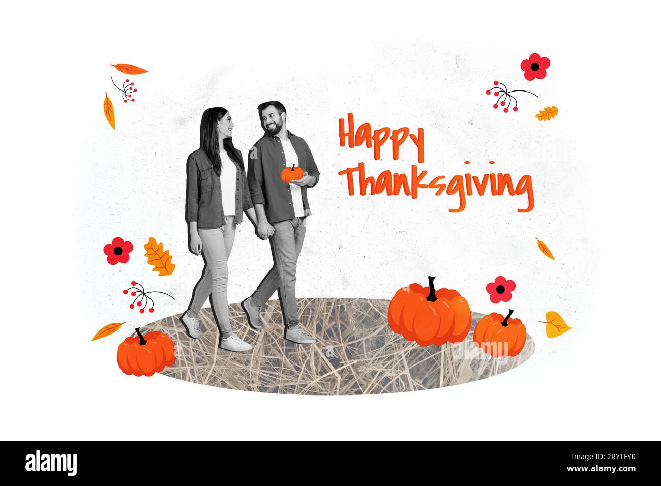 Picture postcard collage of beautiful couple going holding hands ...