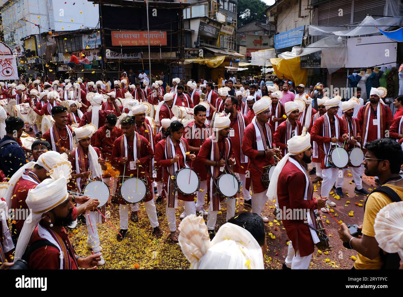 Pune, India - September 29, 2023, Ganesh immersion procession, Dhol ...