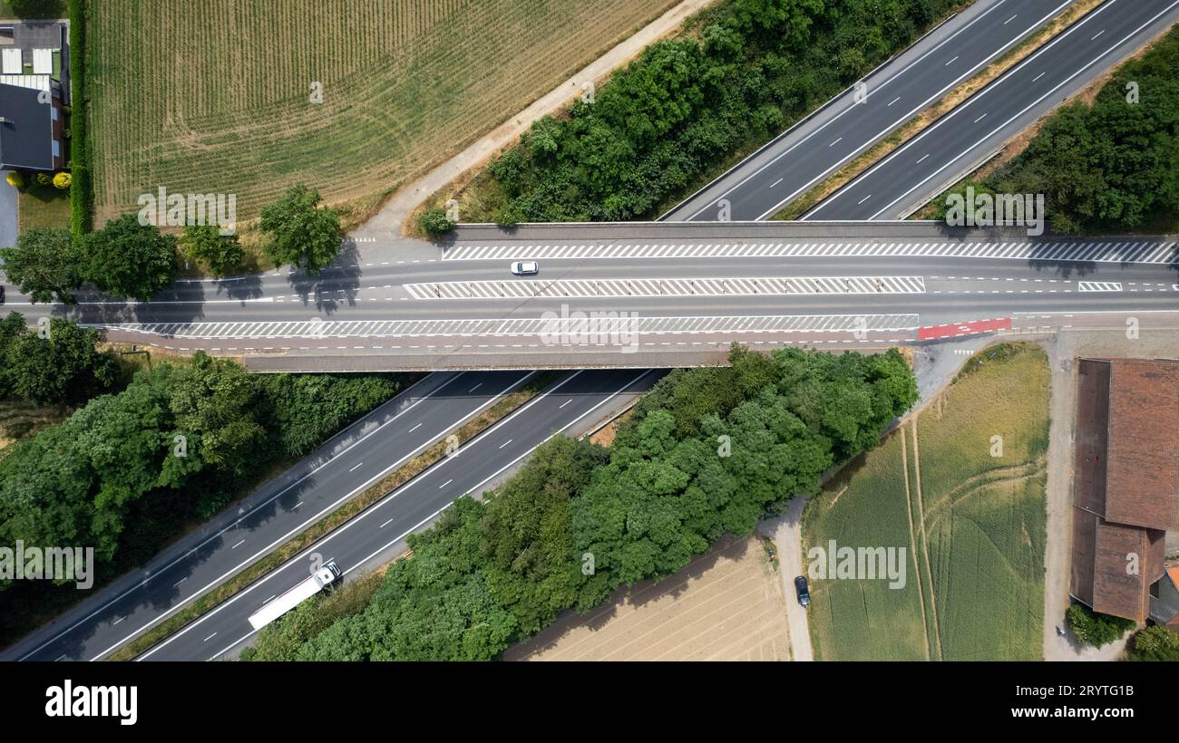Aerial view of the road with bridge over a highway and forest and ...