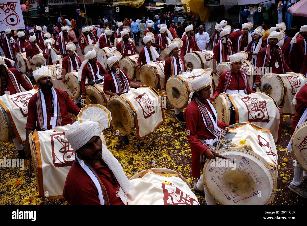 Pune, India - September 29, 2023, Ganesh immersion procession, Dhol ...