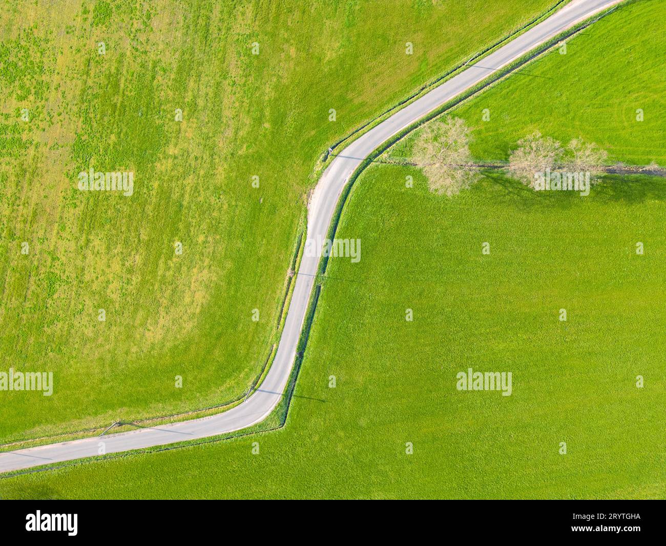 Aerial view of Colorful landscape with road in beautiful green meadows ...
