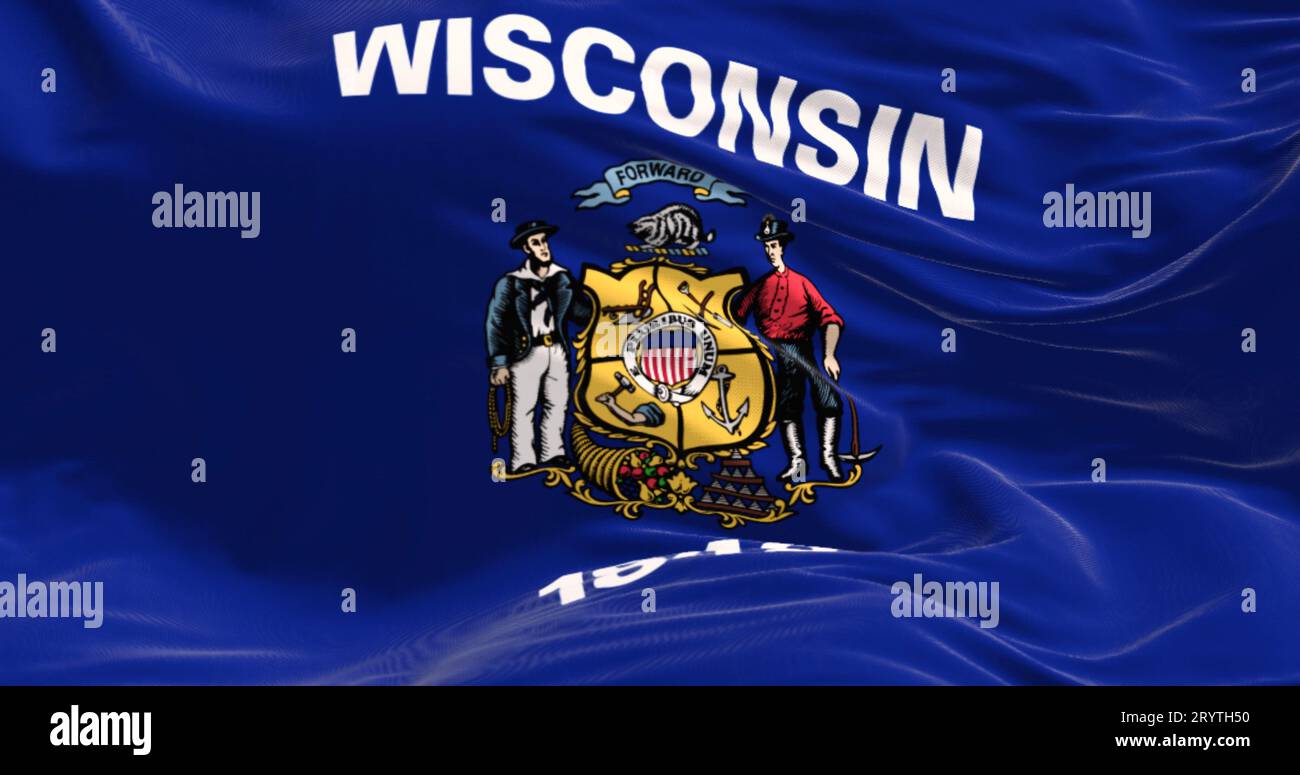 Close-up of Wisconsin state flag waving in the wind Stock Photo - Alamy