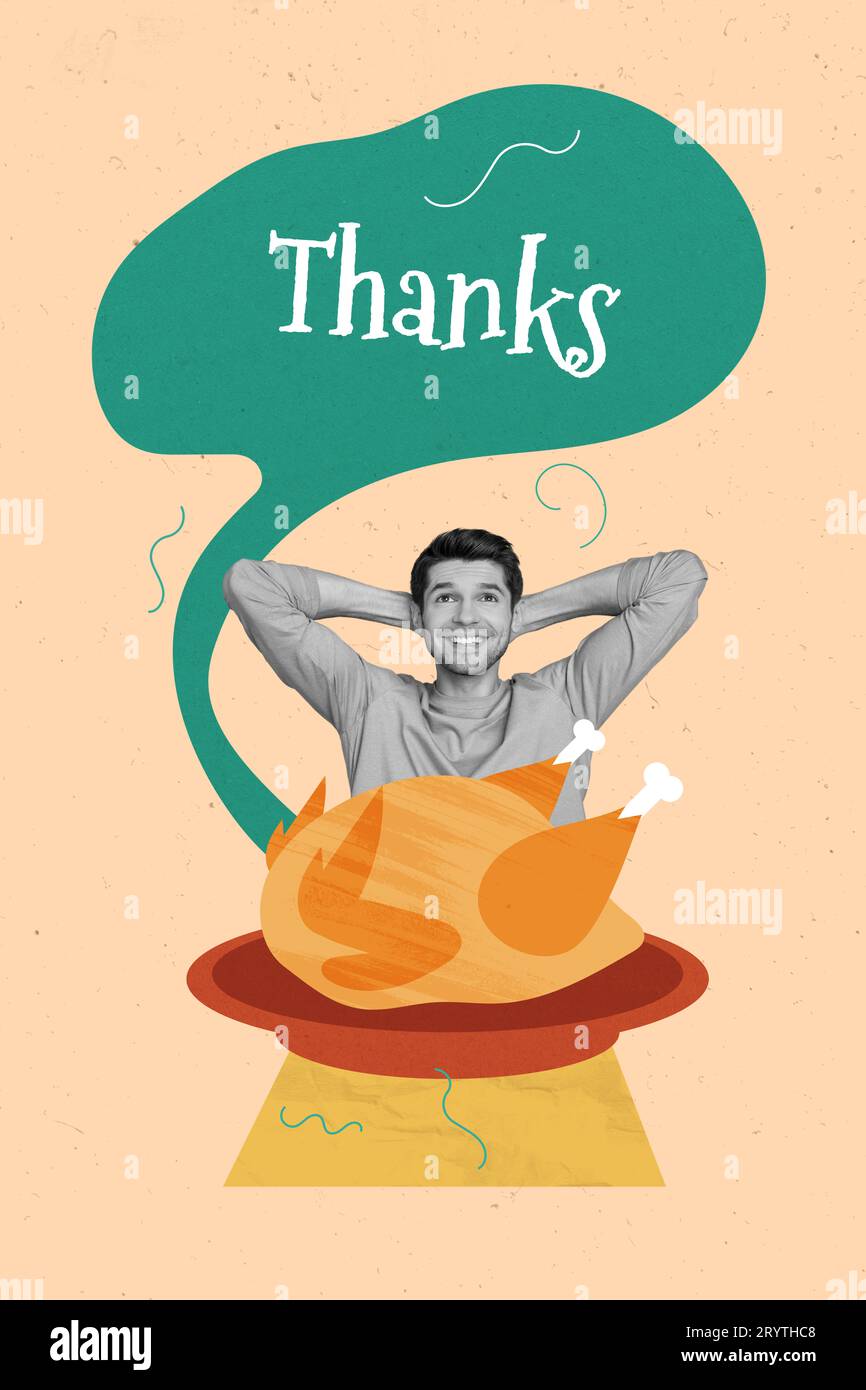 Postcard collage of cheerful guy sitting table eating turkey relaxing ...
