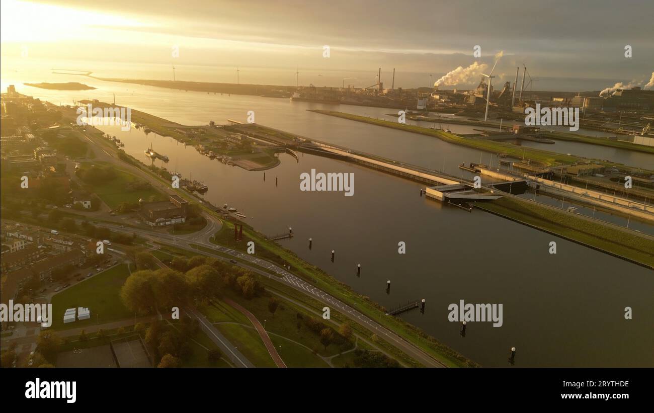 An aerial view of a small town situated on the banks of a river Stock ...
