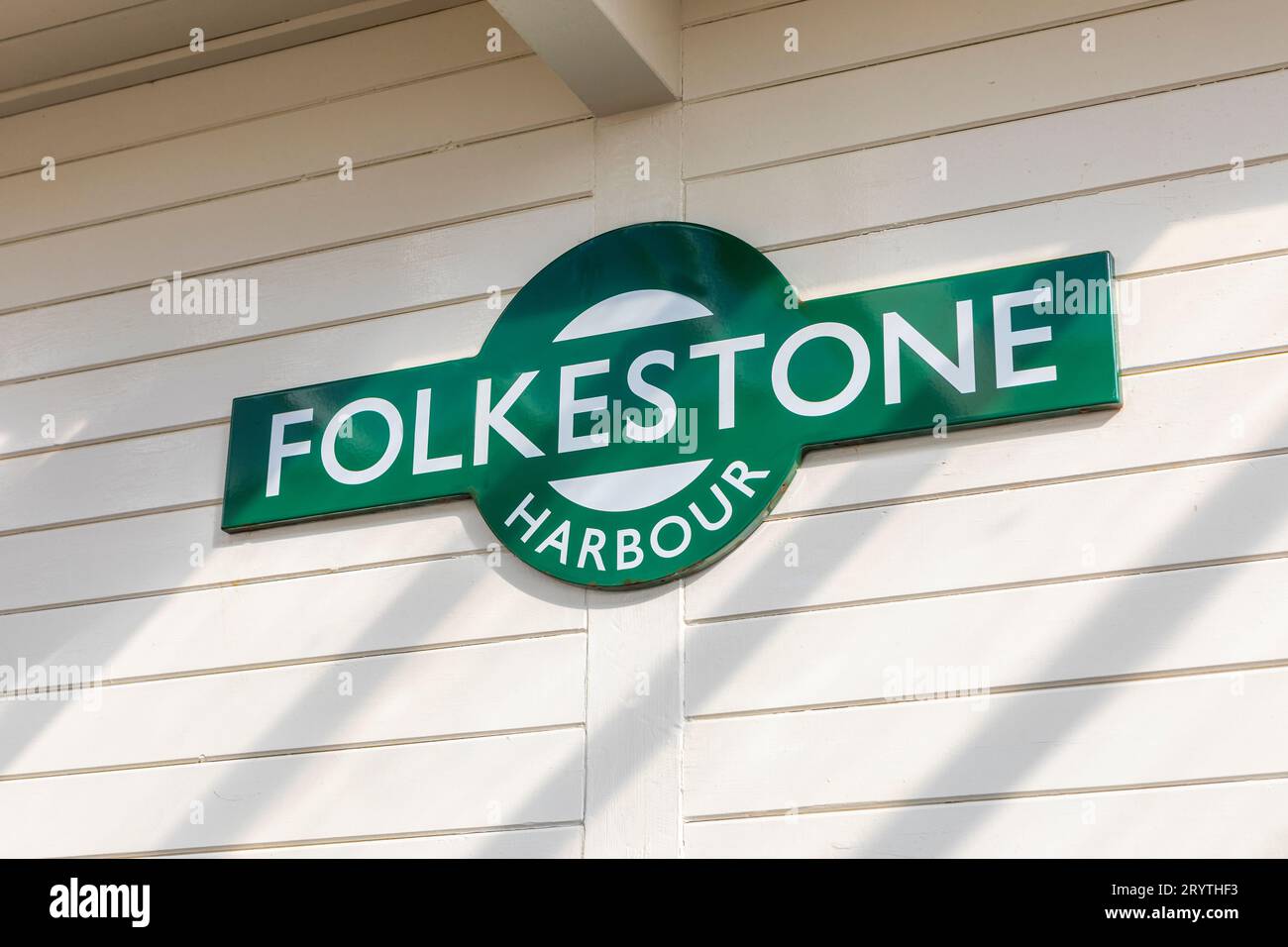 A sign for Folkestone Harbour on the renovated Harbour Arm railway ...