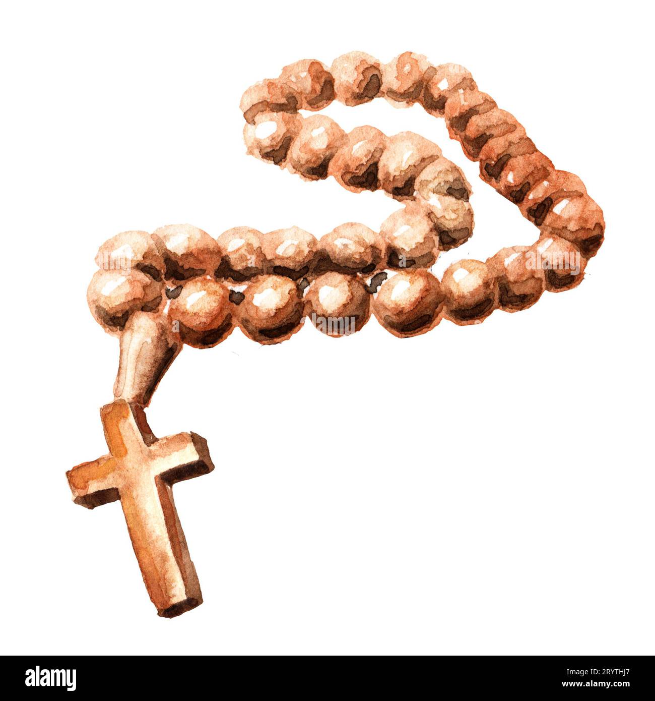 Christian Wooden rosary beads with a cross. Hand drawn watercolor ...