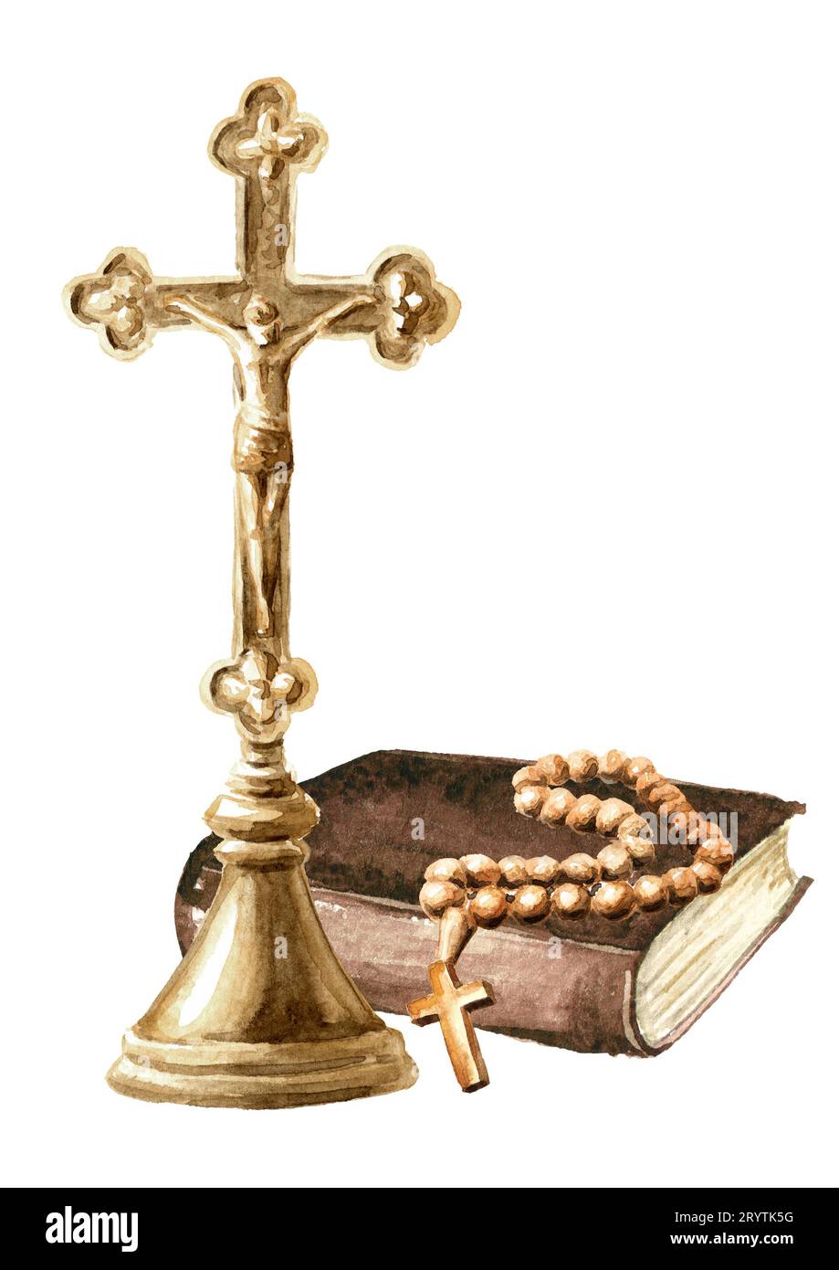 Golden Crucifix with figure of Jesus and Catholic rosary beads with ...