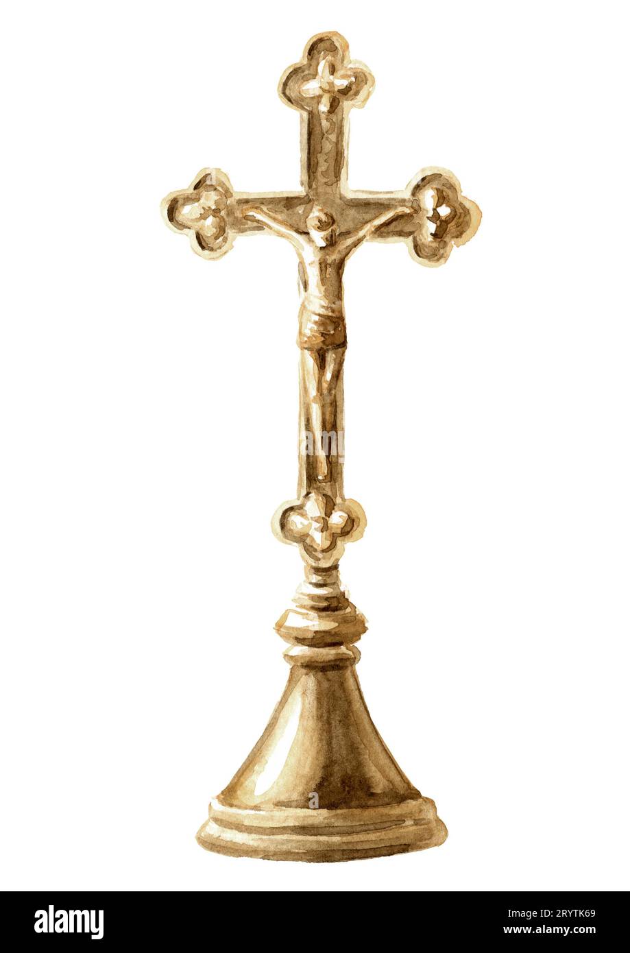 Golden Crucifix with figure of Jesus. Hand drawn watercolor ...