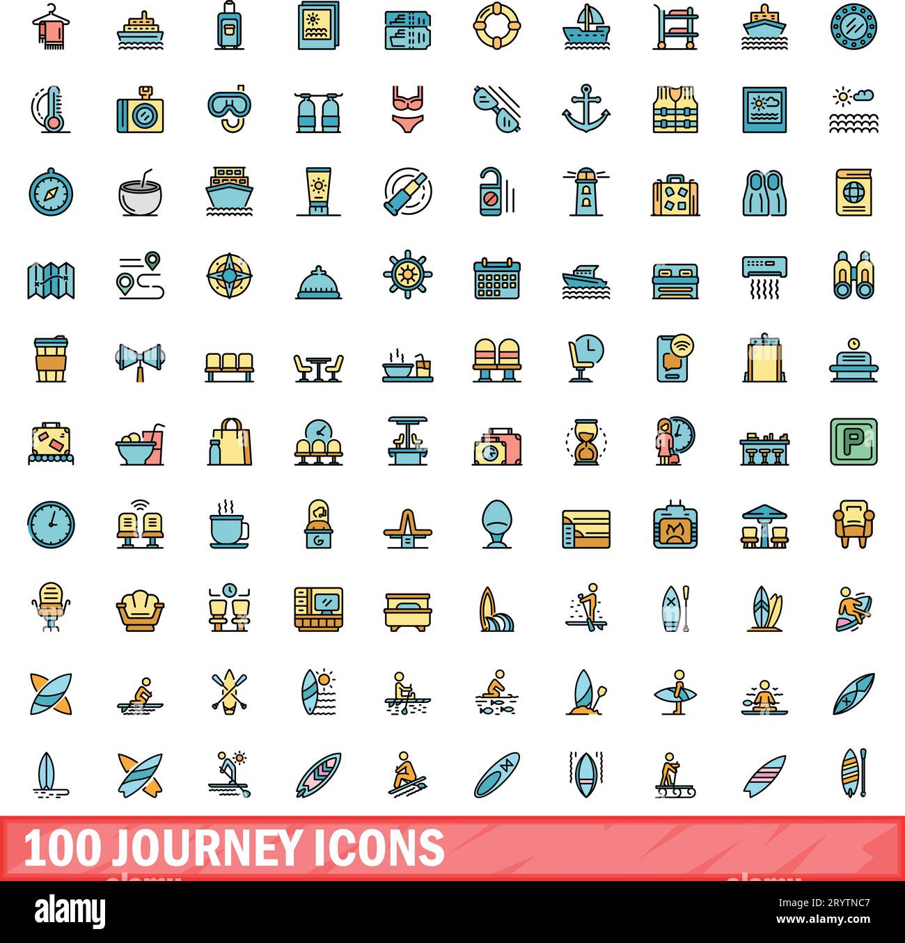 100 journey icons set. Color line set of journey vector icons thin line ...