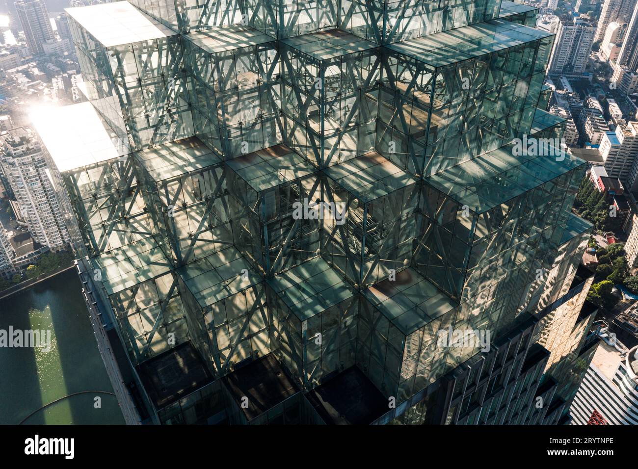 A view of the pyramid-shaped dome of a modern, sky-scraping building ...